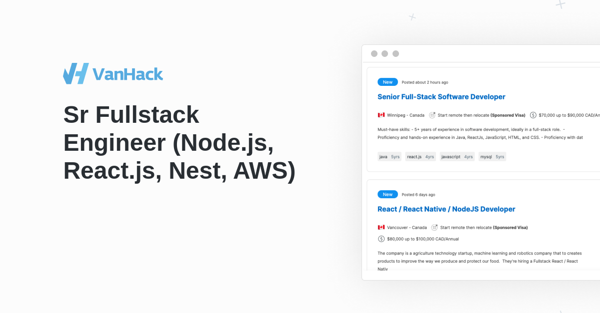 Sr Fullstack Engineer (Node.js, React.js, Nest, AWS) - VanHack